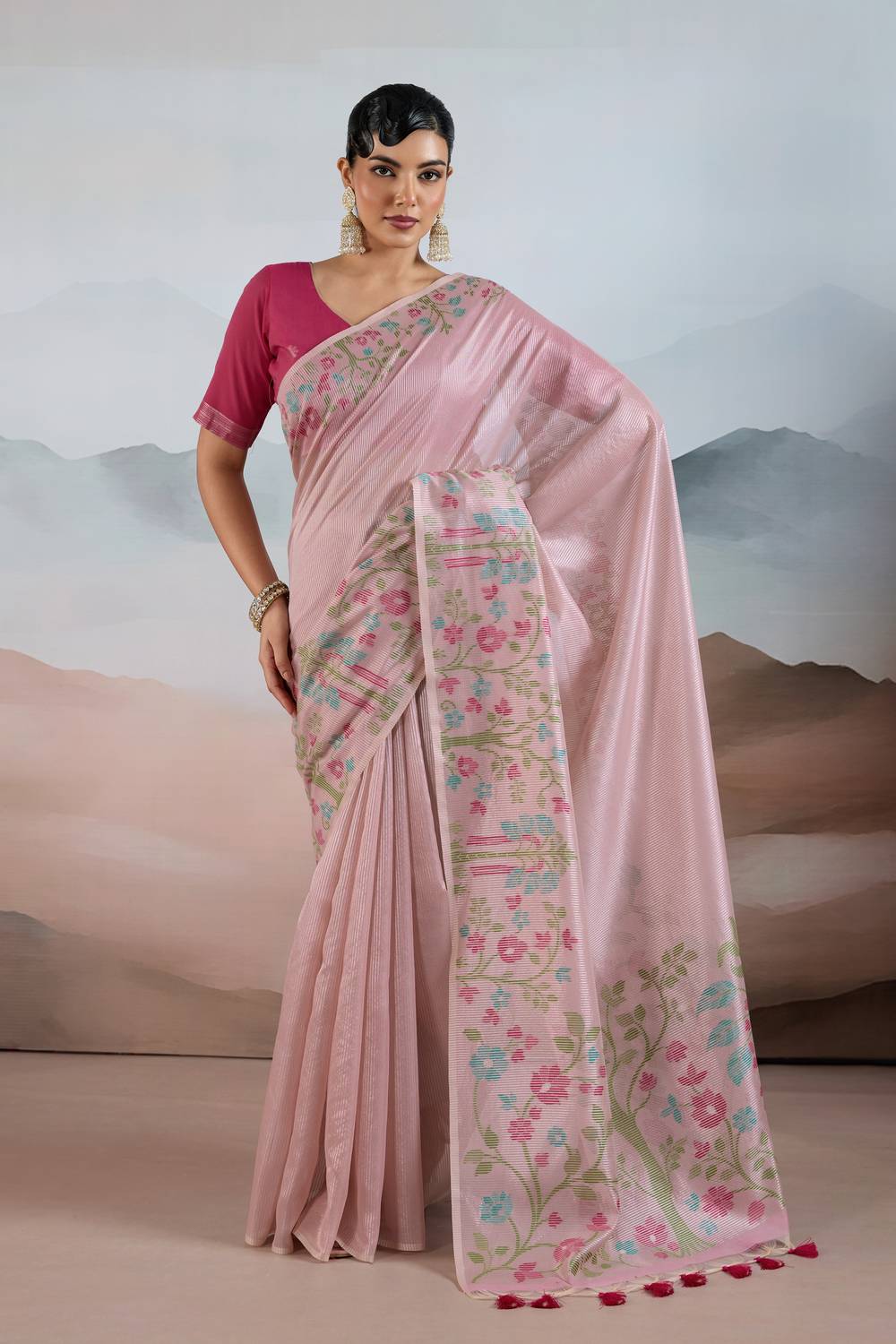 Rosy Blush Pink Handloom Zari Tissue Brasso Woven Ready to Wear Saree ...