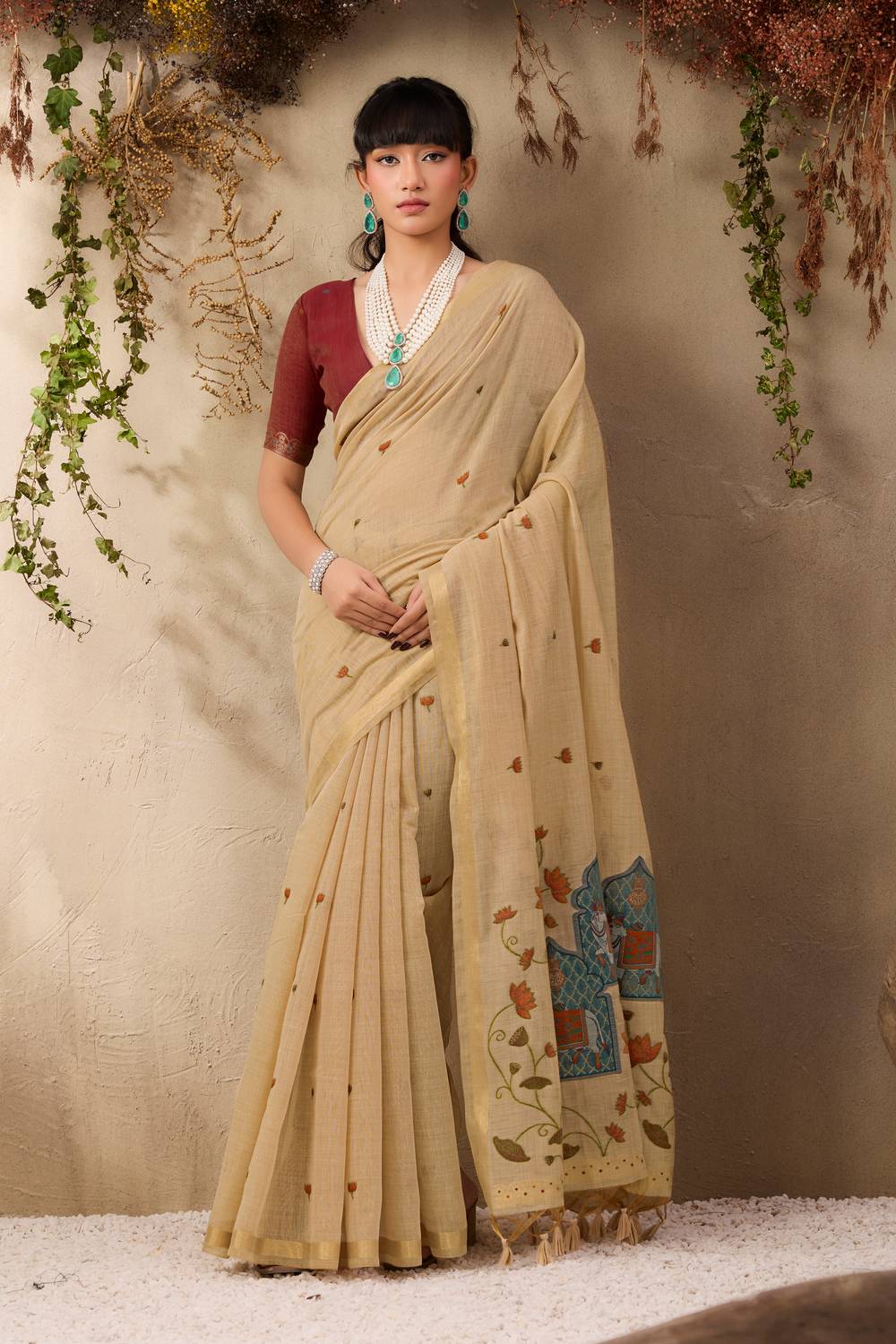 Beige Munga Cotton Handloom Weaving Ready to Wear Saree – ONE MINUTE SAREE