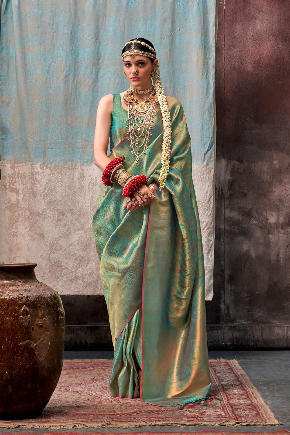 Jabari Green Silk Woven Ready to Wear One Minute Saree – ONE MINUTE SAREE