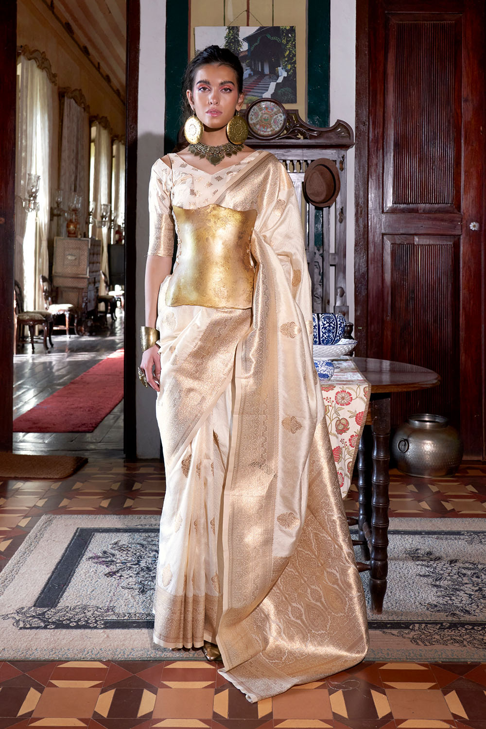Auri Gold Beige Silk Woven Ready to Wear One Minute Saree – ONE MINUTE ...