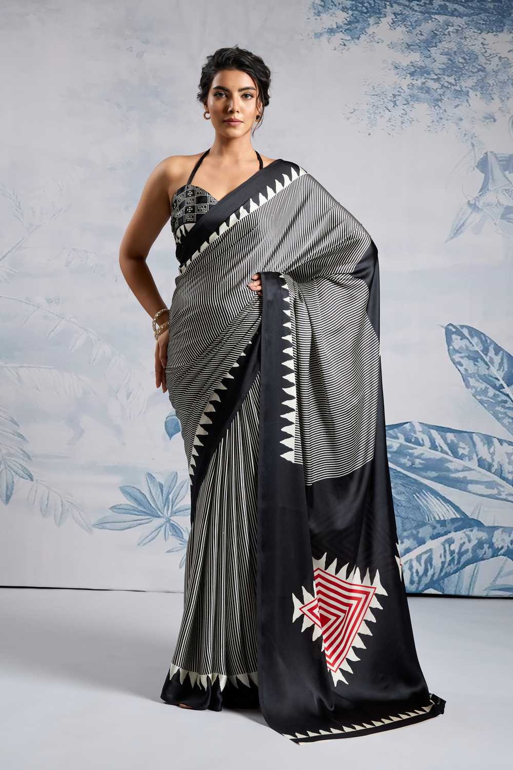 Black Ajrakh Japan Print Modal Satin Ready to Wear Saree – ONE MINUTE SAREE