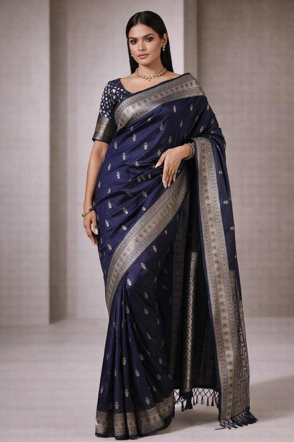 Ana Navy Blue Silk Blend Banarasi One Minute Saree Online – ONE MINUTE ...