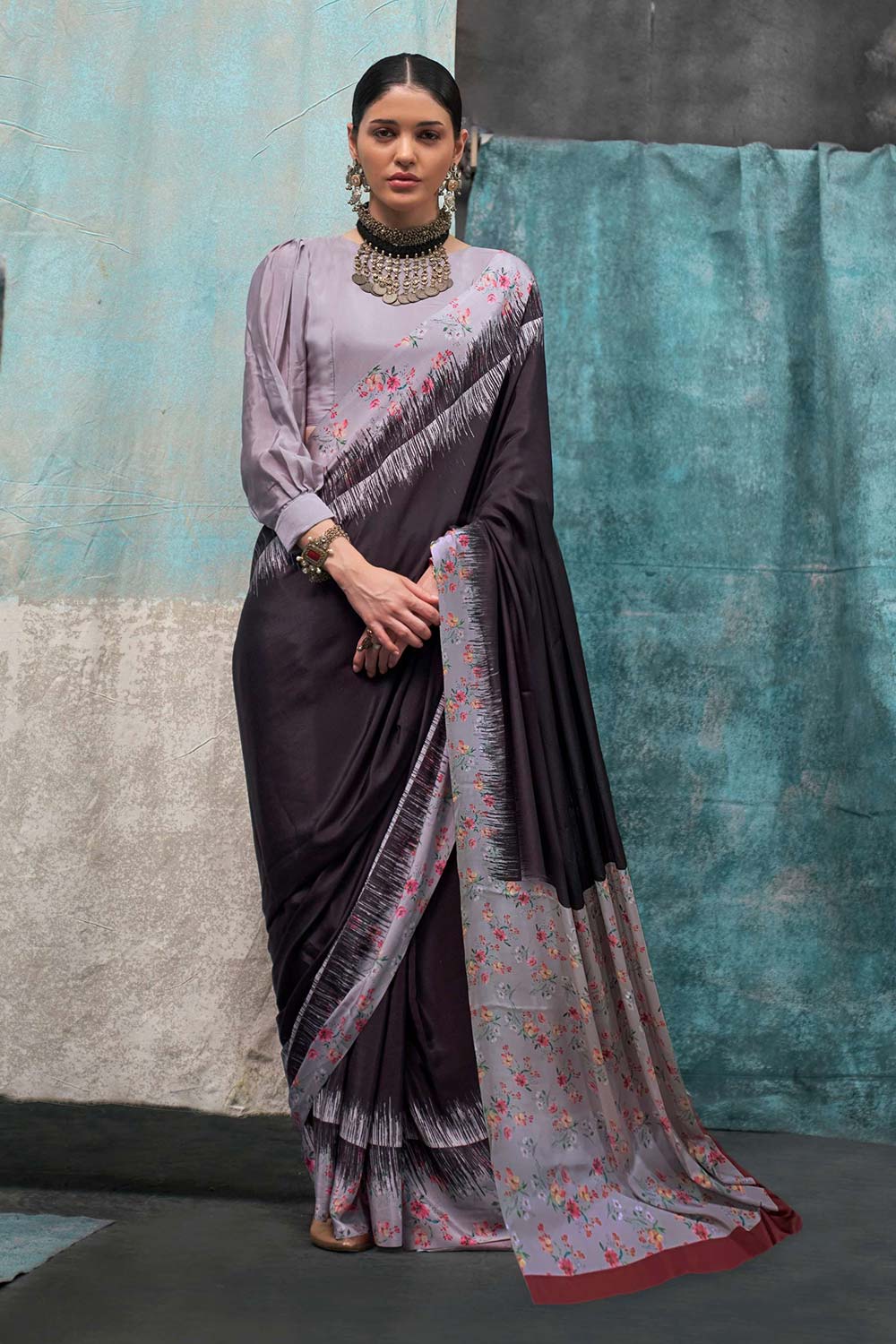 Nuri Dark Brown & Grey Pure Silk Floral One Minute Saree Online