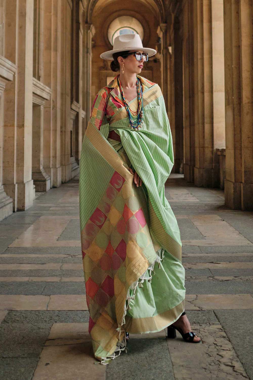Jules Silk Green Block Print One Minute Saree Online – ONE MINUTE SAREE